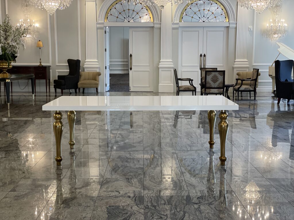 Athena White Rec-Table w gold - CLASS EVENT RENTALS